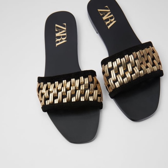 Zara | Shoes | Zara Slide Sandals With Gold Woven Straps | Poshmark